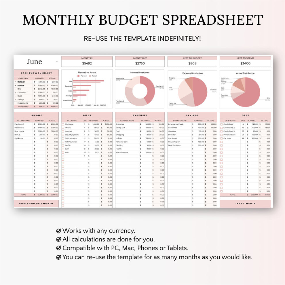 Monthly Budget Spreadsheet - Easy to Use Budget Spreadsheet for Google ...